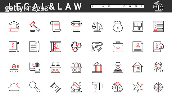 Law, judgment and justice, legal judicial documents, thin red and black ...