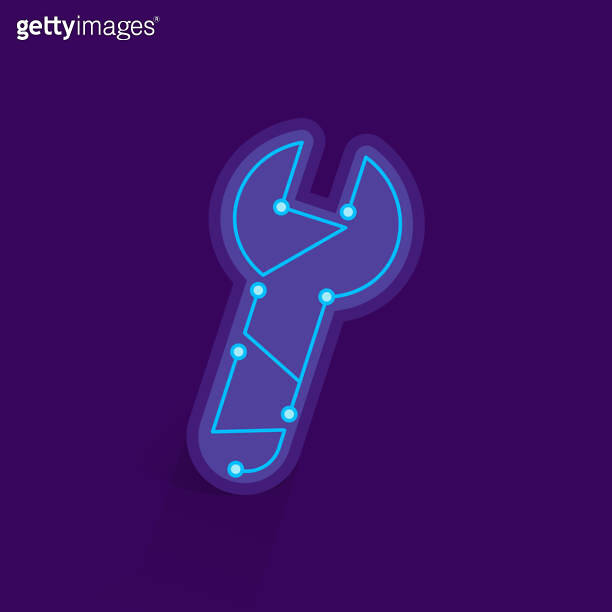 Spanner logo. Microchip circuit style wrench. Tool symbol for computing ...