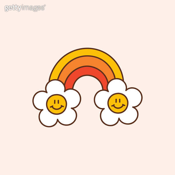 Groovy rainbow with happy daisies. Colorful vector illustration in vintage style. Retro 70s 60s ...