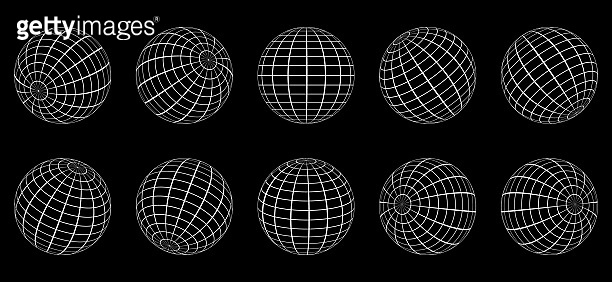 White Globe Grid Sphere Set on Black Background. 3D Wire Global Earth ...