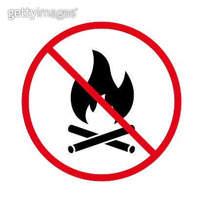 Camp Fire Burn Flame Ban Black Silhouette Icon. Warning Forbidden ...