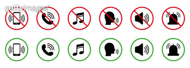 Notification Call Black Silhouette Icon Set. Silence Mute Zone Red ...