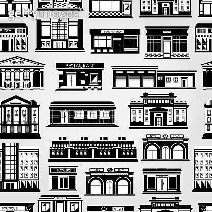 Seamless vector pattern with black and white buildings on a light gray ...