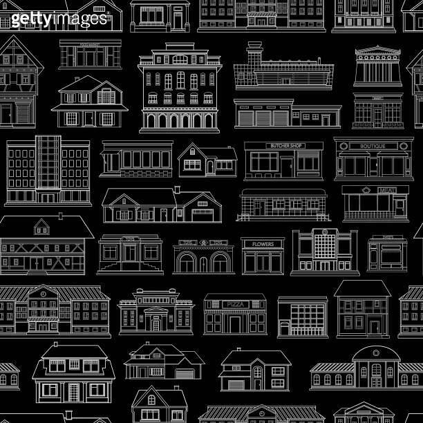 Seamless vector pattern with black and white buildings on a light gray ...