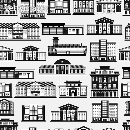 Seamless vector pattern with black and white buildings on a light gray ...