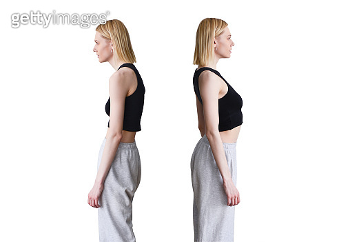 Comparison of bad and good posture. Woman slouching and straightening ...
