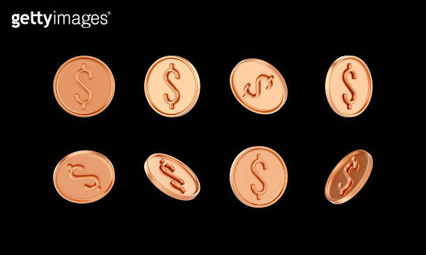 3D bronze dollar coin from 8 different angles. 이미지 (1448688056) - 게티이미지뱅크