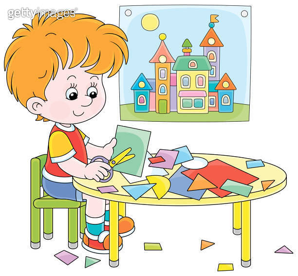 Little boy cutting figures from color paper 이미지 (1369489981) - 게티이미지뱅크
