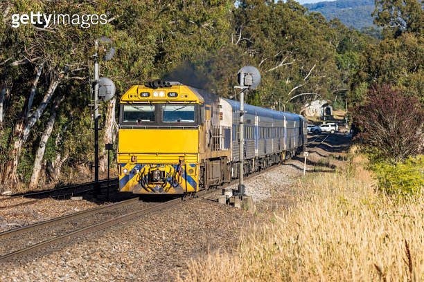 Australian Overland Passenger train passing through rural countryside ...