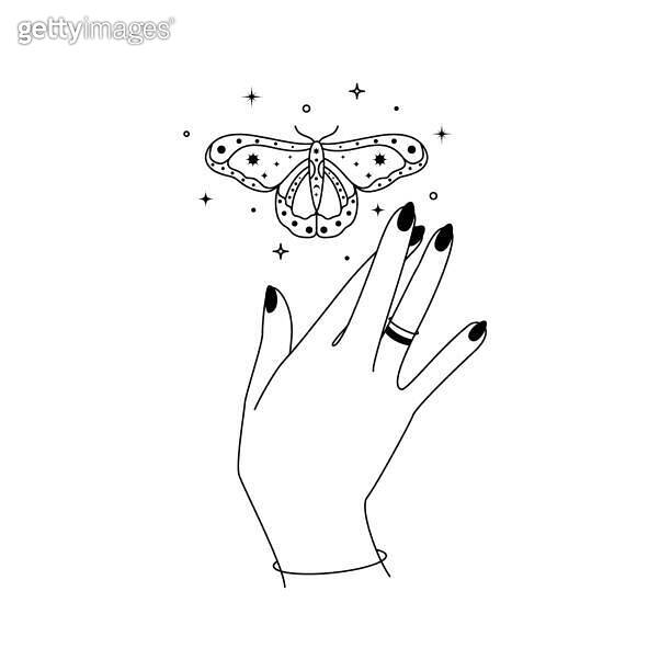 Magic hands with night moth in line art style. Esoteric and mystical ...