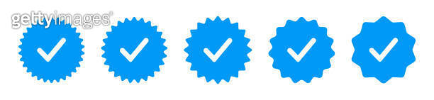 Badge check icon. Verify icon stamp. Blue flat star shape stickers ...