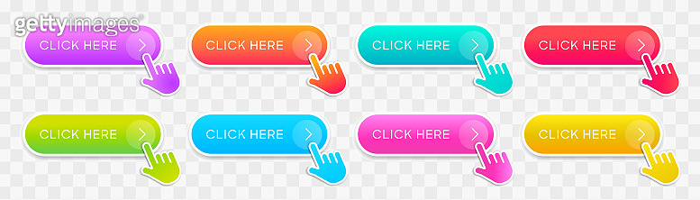 Click here web buttons with hand cursor. Set of action button click here with arrow pointer ...