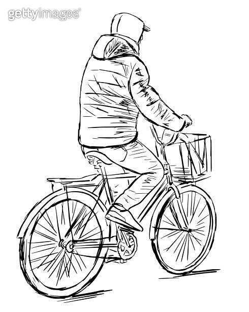 Contour drawing of citizen riding a bicycle along urban street ...