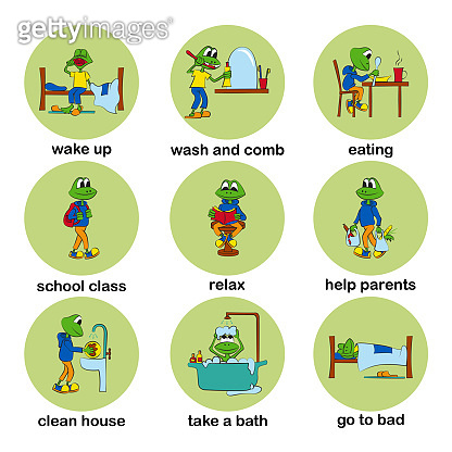 Daily routine of baby. Way of life of schoolboy. Baby frog performing ...