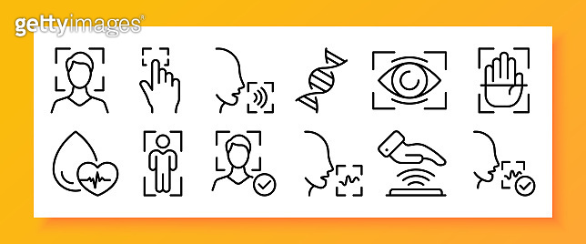 Biometric data set icon. DNA, face id, voice unlock, fingerprint, iris ...