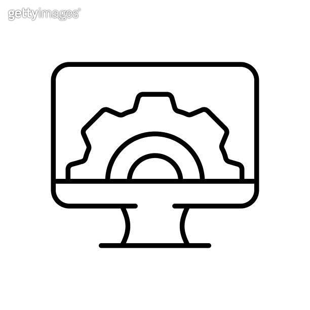 Computer monitor with a gear line icon. Settings, control panel, adjust ...