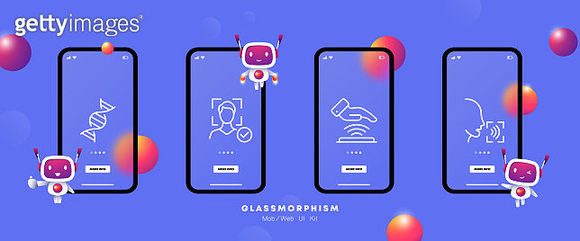 Biometric data set icon. DNA molecule, face id, hand scanning ...