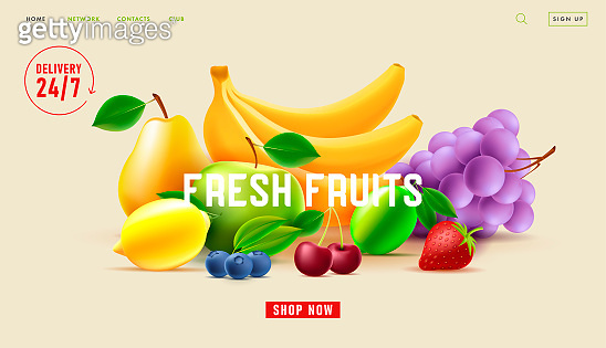 Fresh fruits delivery service web banner with 3d illustration of fresh ...