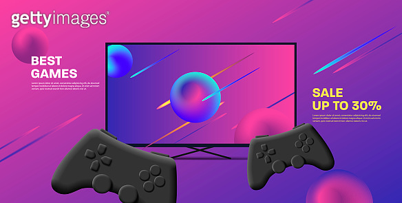 Game console with gamepads and large screen in abstract space ...