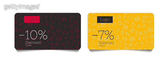 Set of discount cards for grocery food store with food and beverages ...