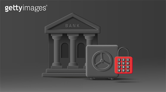 3d mono chrome black illustration of bank building with safe and ...