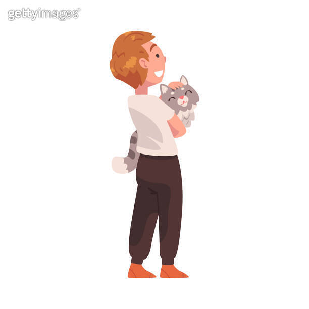 Elated Boy Character Standing with Cat Pet and Waiting for Someone ...
