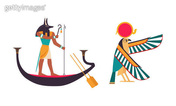 Anubis or Inpu on Boat as Ancient Egyptian God of Death and Horus Deity ...
