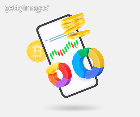 Online trading concept with mobile phone, charts and bitcoins. 3d vector isolated illustration ...