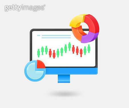 Online trading concept with computer monitor and color charts. 3d vector isolated illustration ...