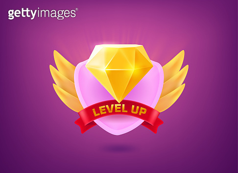 Level up concept. Rating badge 3d vector illustration with golden ...