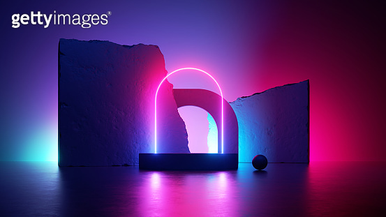 3d render, abstract pink blue neon background with glowing arch and ...