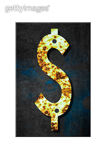 Sign Dollar. Alphabet from letters, from rusty iron, on a wooden plank ...