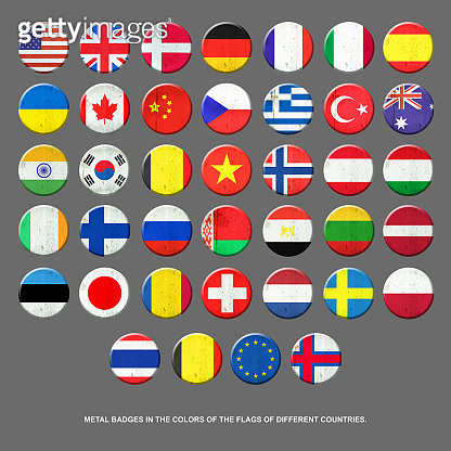 Set of metal badges in the colors of the flags of different countries ...