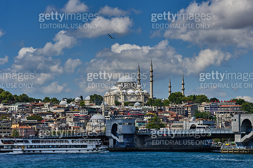 Mosque of Suleimania and Galata Bridge in the historical center in ...
