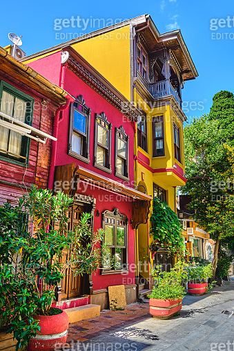 Beautiful and colorful old buildings in the Arnavutkoy region on the ...