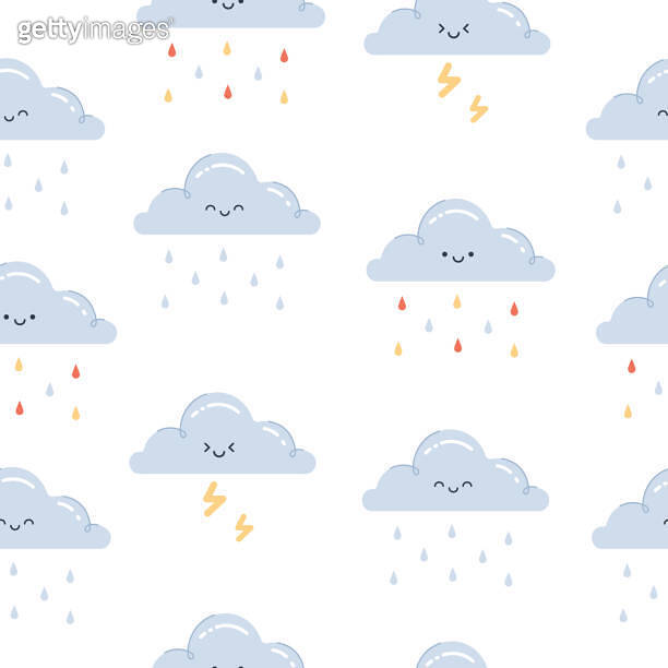Seamless vector weather pattern with clouds and rain with funny, cute ...