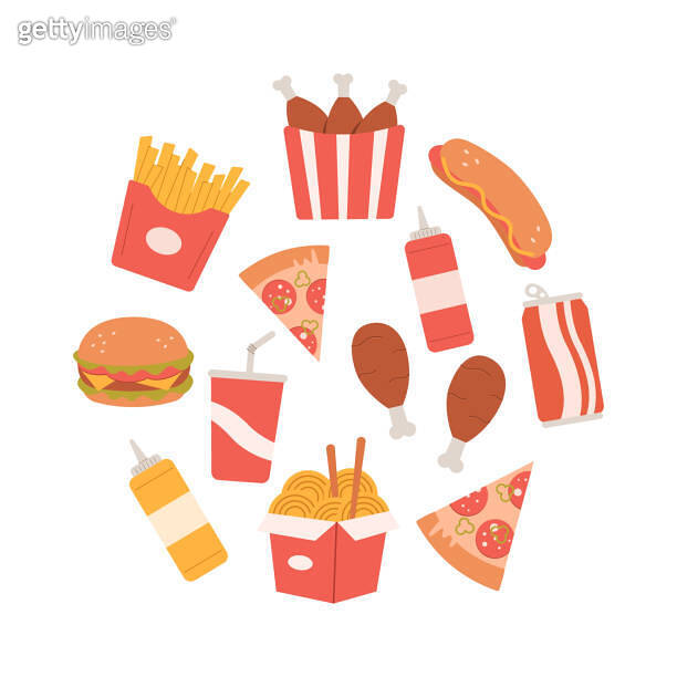 Fast food meal icon set. burger,beverage,pizza,french fries, fried ...