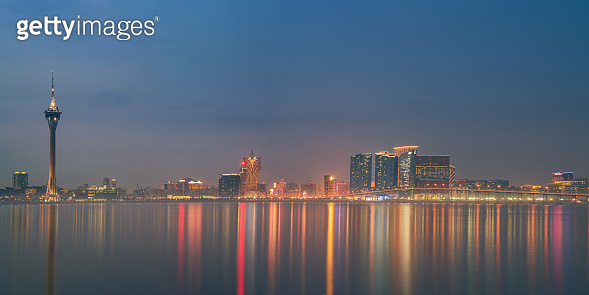 Skyline of modern urban architecture and night view of port in Macao ...