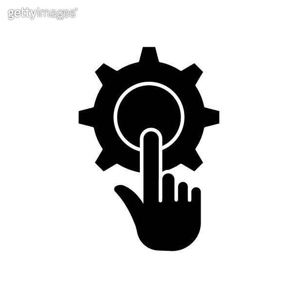 Gear icon with touch. hand. suitable for repair symbol, setting. solid ...