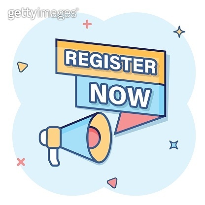 Register now icon in comic style. Registration cartoon vector ...
