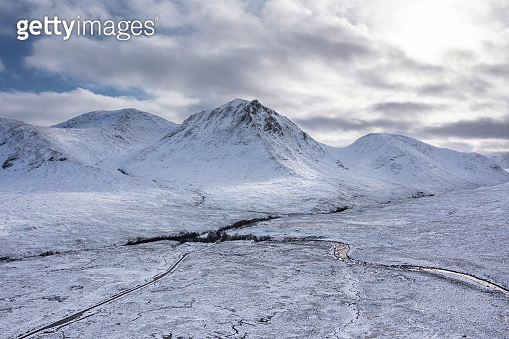 Epic aerial drone landscape image of Stob Dearg and Glencoe in Scottish ...
