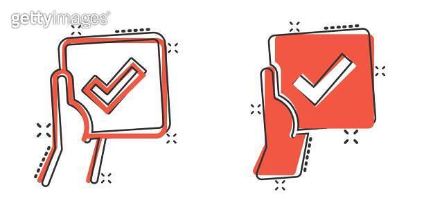 People hand with check mark icon in comic style. Accept cartoon vector ...
