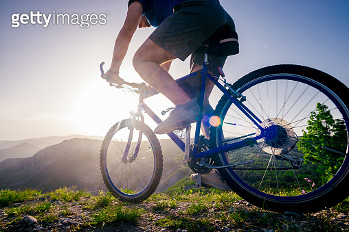 Close up photo from a mountain biker riding his bike ( bicycle) on ...