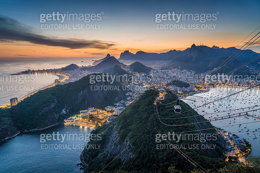 Sugarloaf Cable Car and Rio Cityscape at Sunset in Rio de Janeiro ...