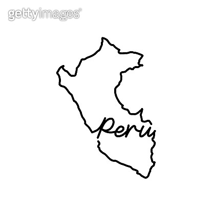 Peru outline map with the handwritten country name. Continuous line ...