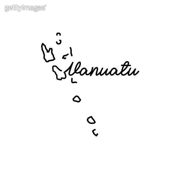Vanuatu outline map with the handwritten country name. Continuous line ...