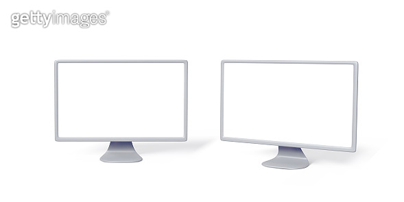 PC monitors with white empty screens. Computer 3D monitor mock up in ...