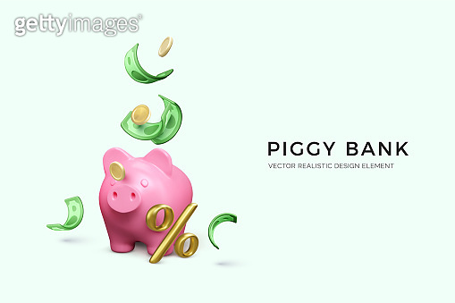 Pink piggy bank with gold percentage sign and golden coins paper ...