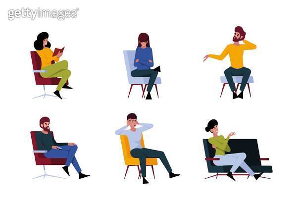 People sitting. Characters on chairs sitting at psychotherapy ...