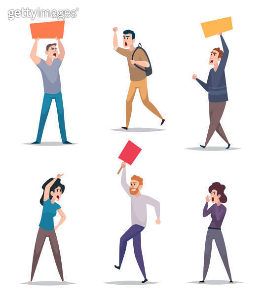 Protested characters. Agressive crowd holding protested banners exact ...